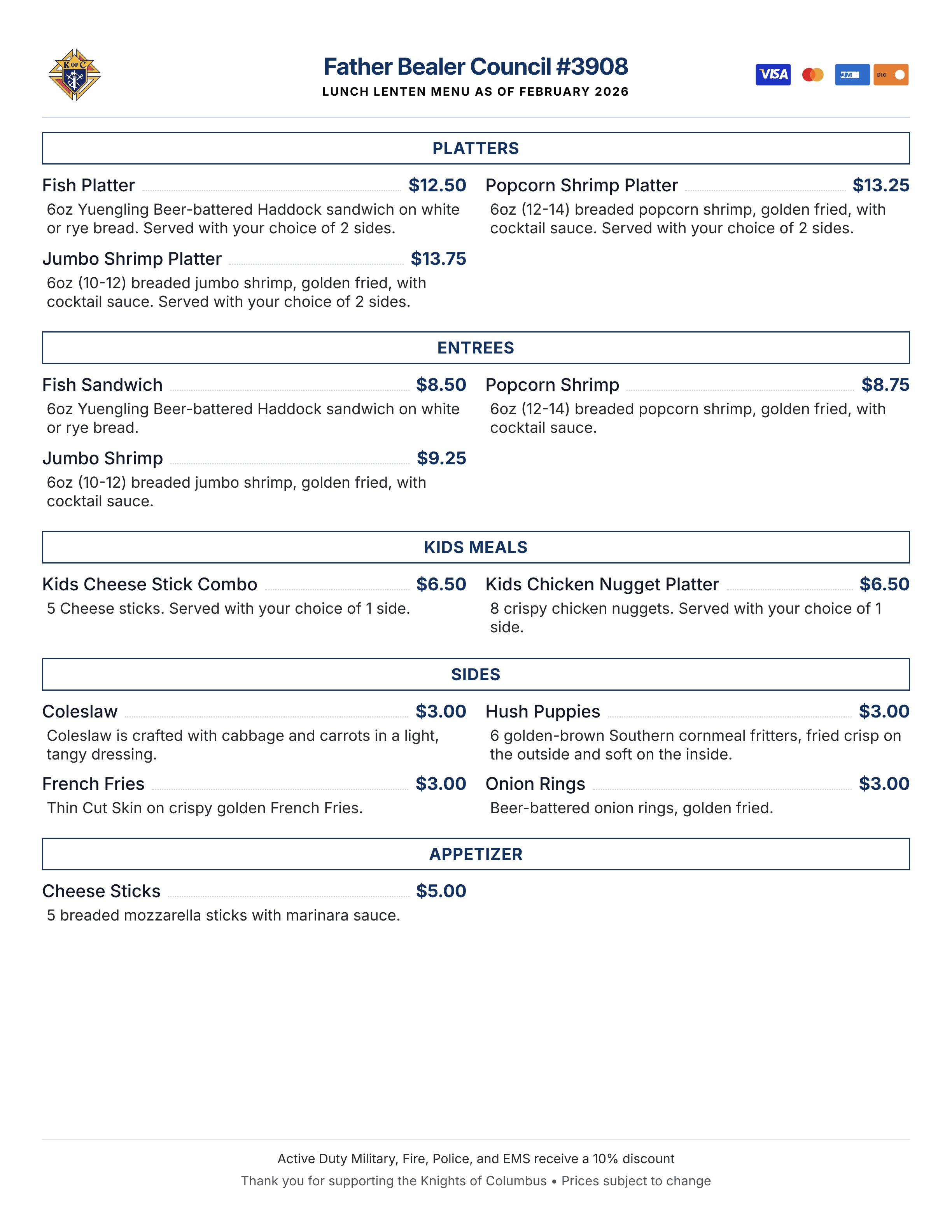 Lenten Fish Fry - Lunch Menu 2026 | KofC Council 3908